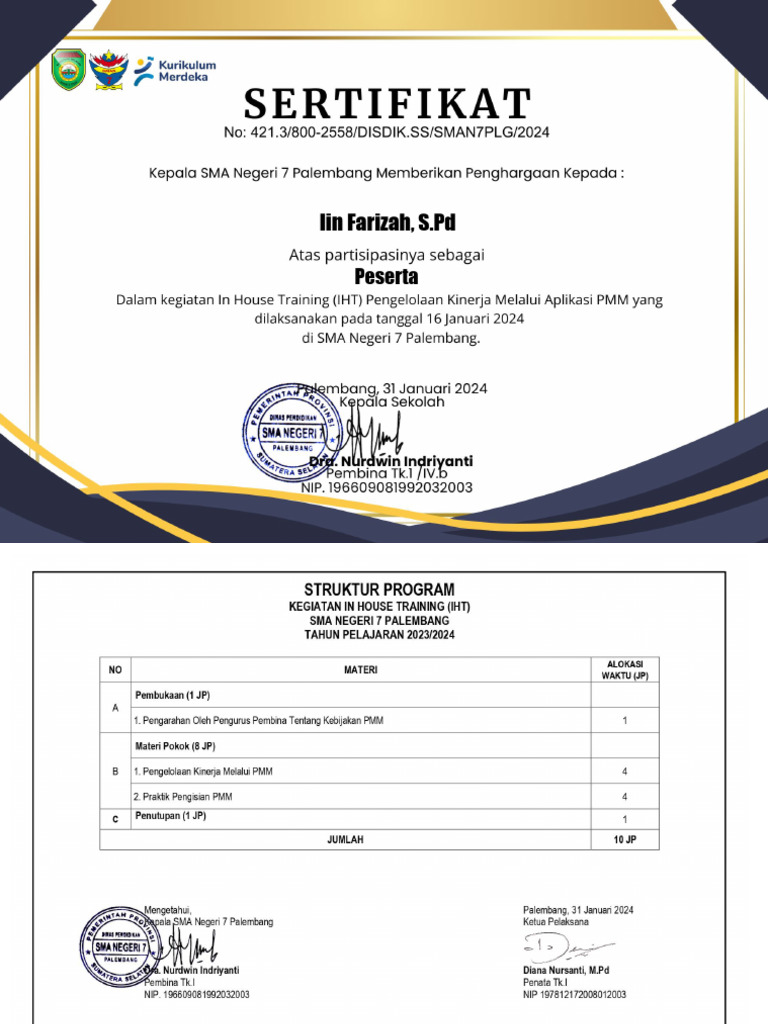 Sertifikat IHT Iin Farizah, S.PD | PDF
