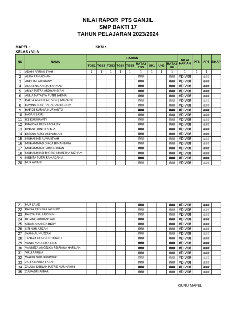 Format Nilai Rapot Pts Ganjil 2023-2024 | PDF