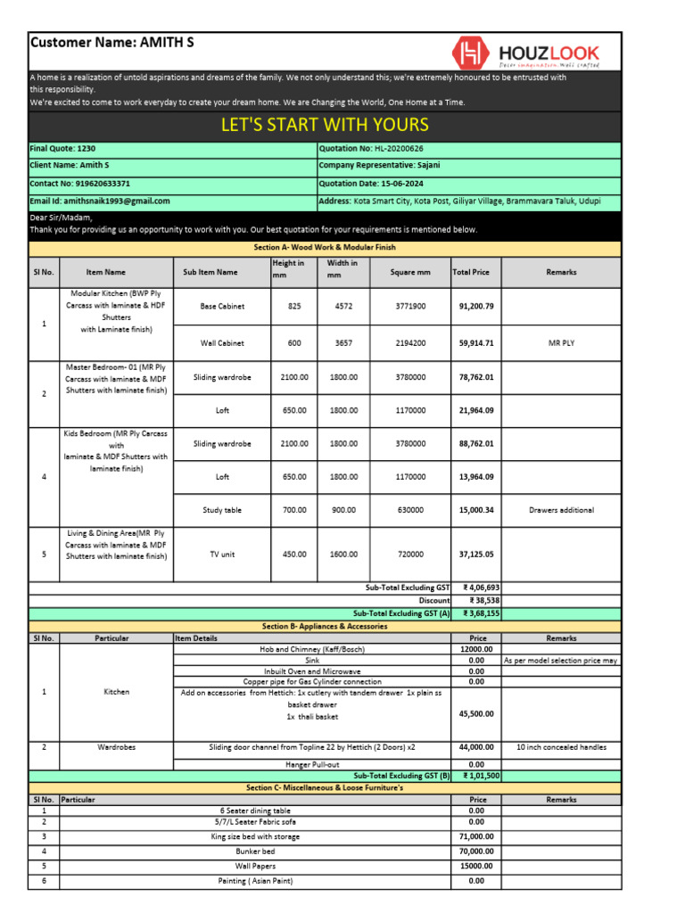 Quotation For Inerior - Amith | PDF