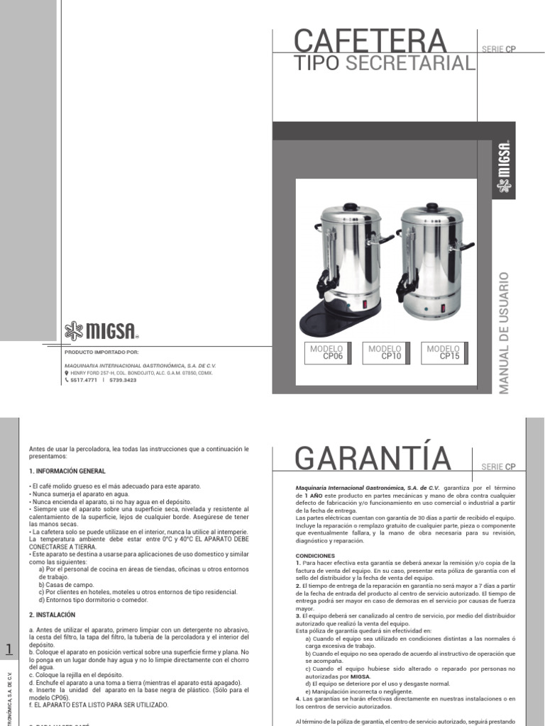 Manual de Usuario Cafetera Percoladora CP | PDF | café | Agua