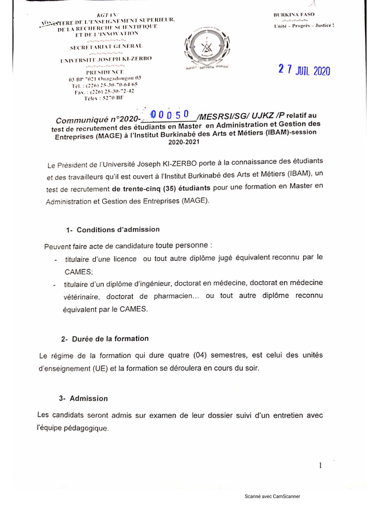 IBAM 2020 2021 Recrutement Master en Administration Et Gestion Des Entreprises MAGE | PDF