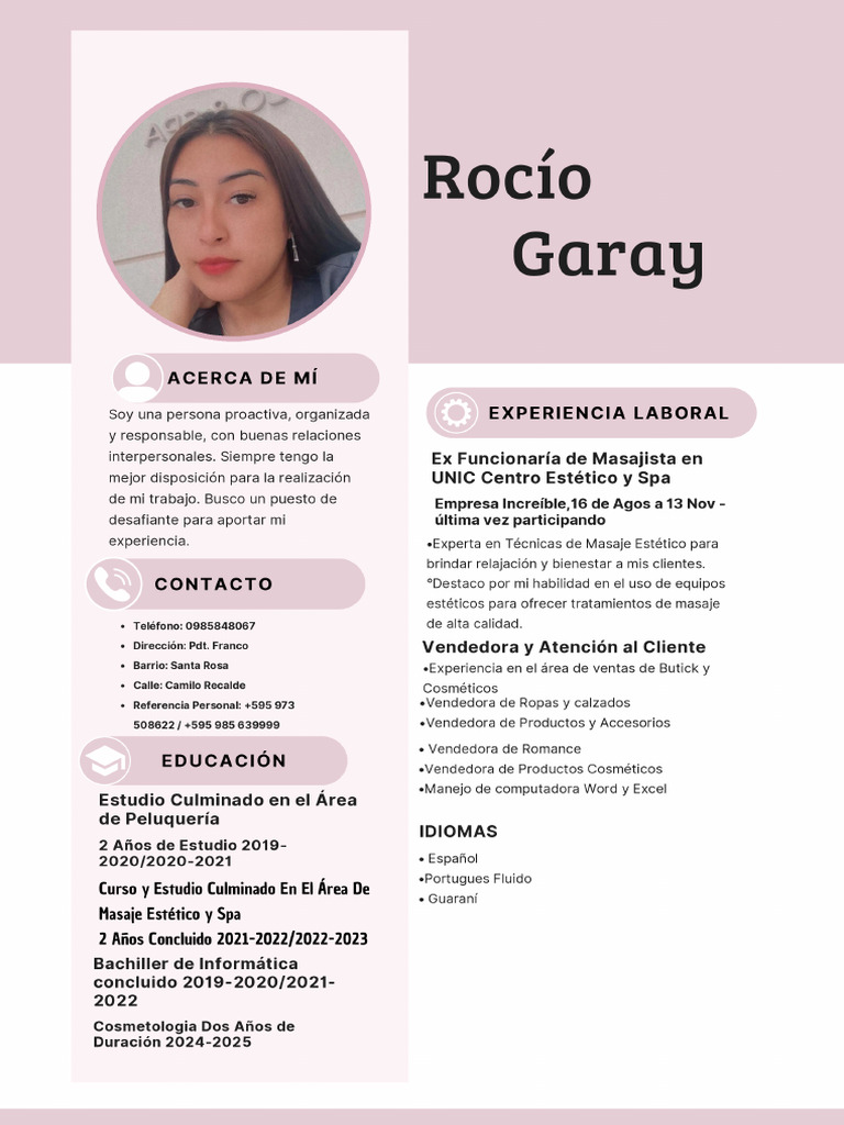 Curriculum Vitae de Mujer Profesional Con Foto Femenino Rosa - 20240910 - 144113 - 0000 | PDF
