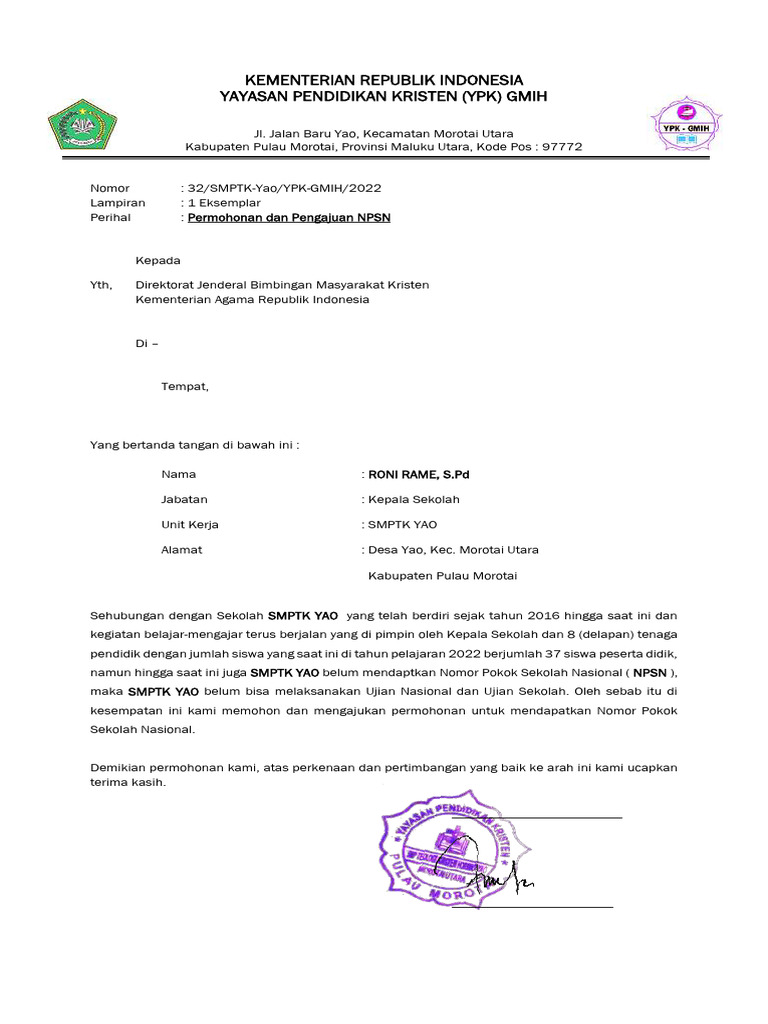 Pengajuan NPSN SMPTK Yao | PDF