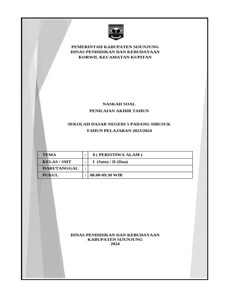 Soal Pas Kelas 1 Tema 8 | PDF
