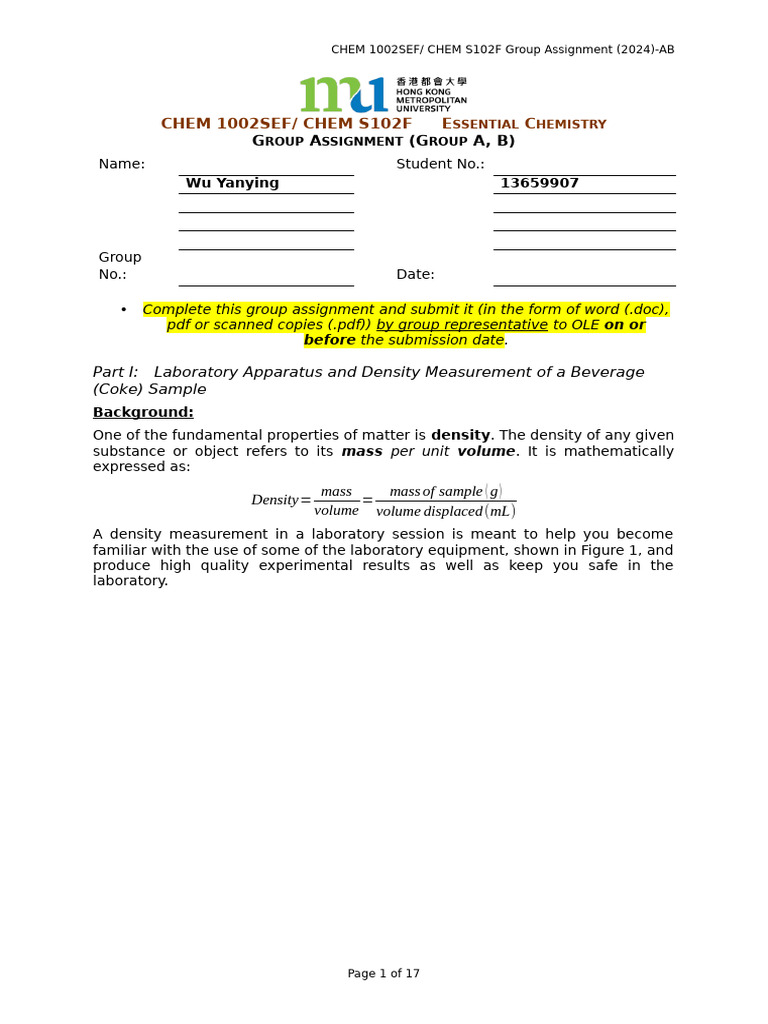 (AB) CHEM 1002SEF S102F 2024 Group Assignment | PDF | Titration | Chemistry