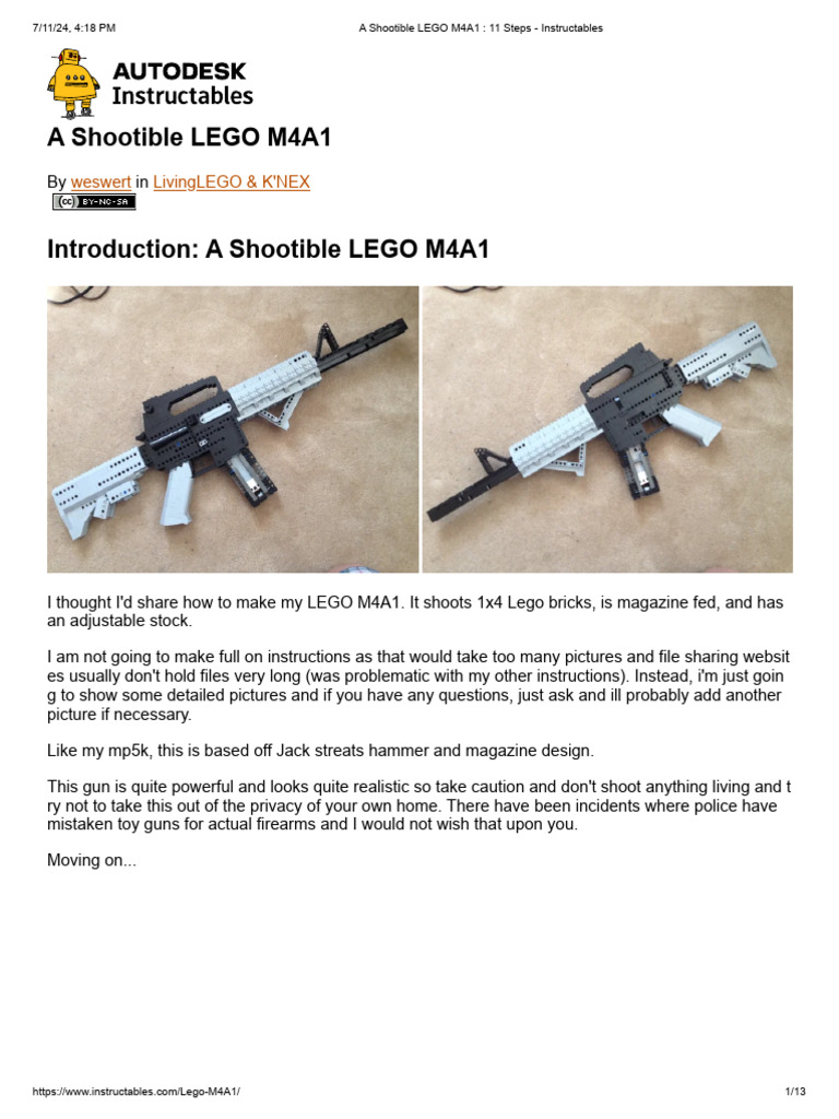A LEGO M4A1 _ 11 Steps - Instructables | PDF | Trigger (Firearms) | Flight