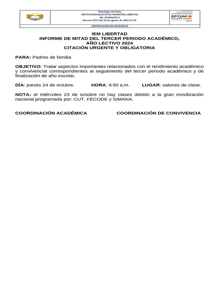 Citación A Padres de Familia para Recibir Informes de Mitad de Periodo ...