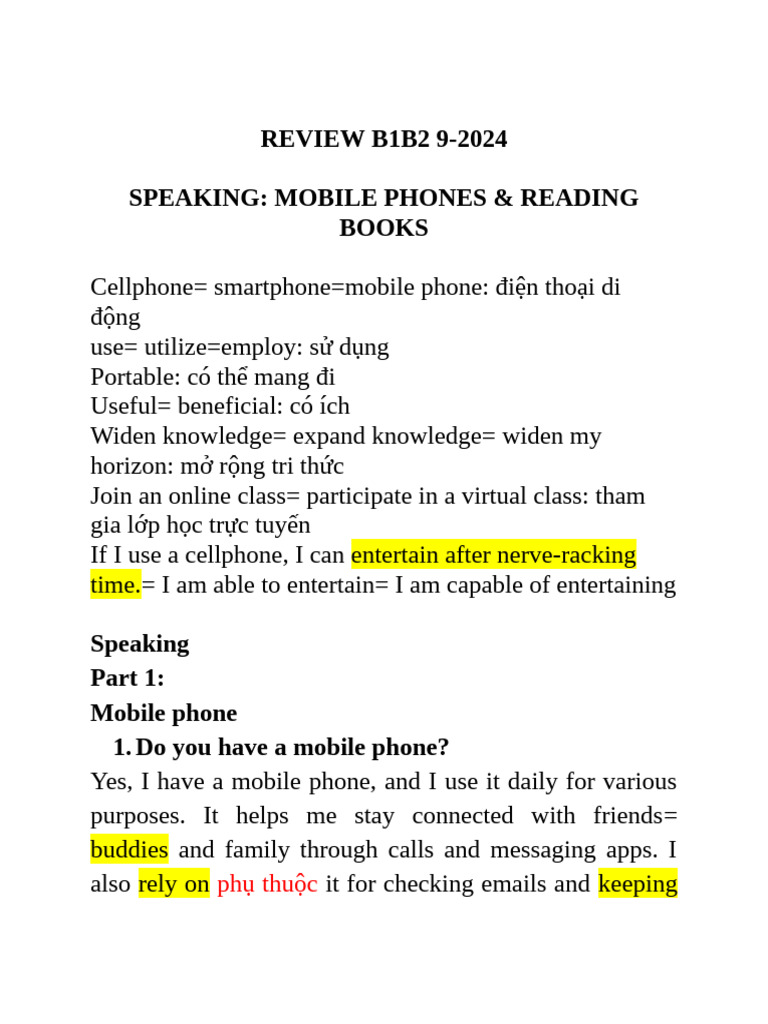 V1 - Speaking - Mobile Phones & Reading Books | PDF | Mobile Phones ...