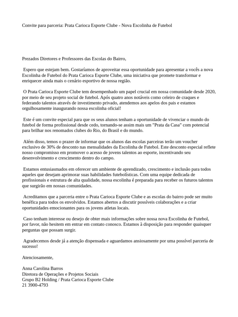Email Parceria Escolas Com Escolinha Do Prata | PDF | Carreira e ...