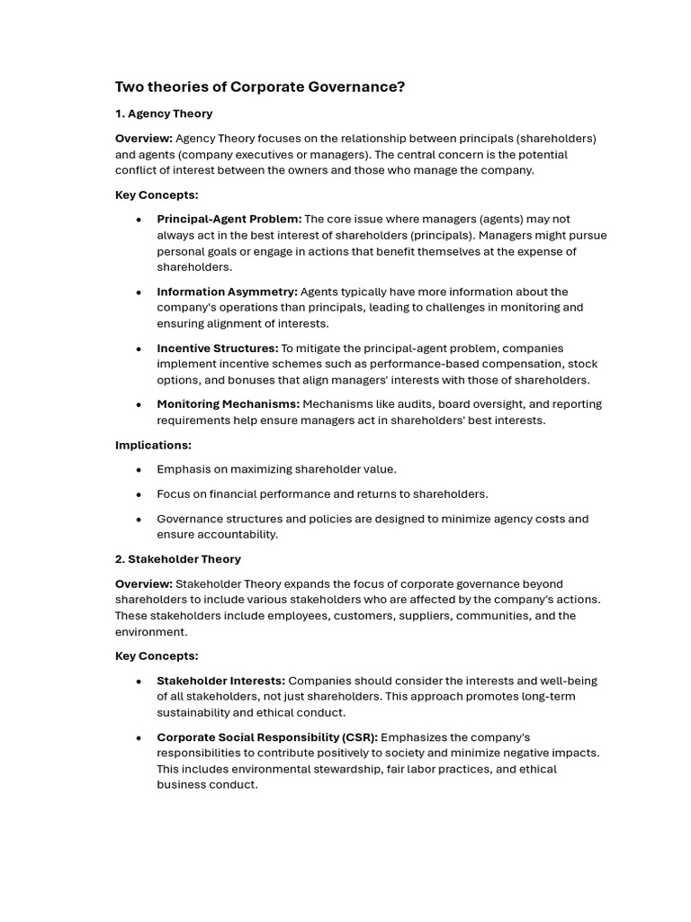 Two Theories of Corporate Governance | PDF | Corporate Social ...