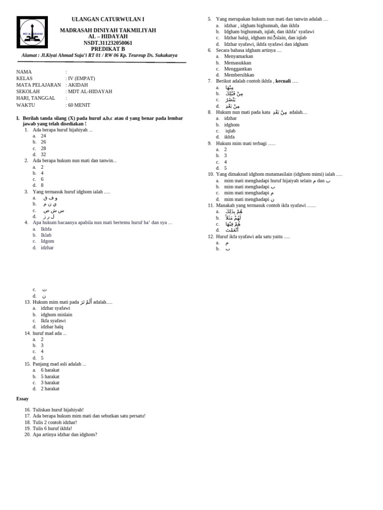 SOAL TAJWID KELAS 4 CAWU 1 | PDF
