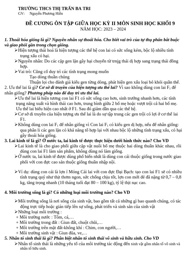 Đề cương HKII Sinh học 9 | PDF