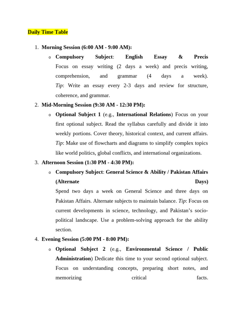 Daily Time Table | PDF | Science | Essays