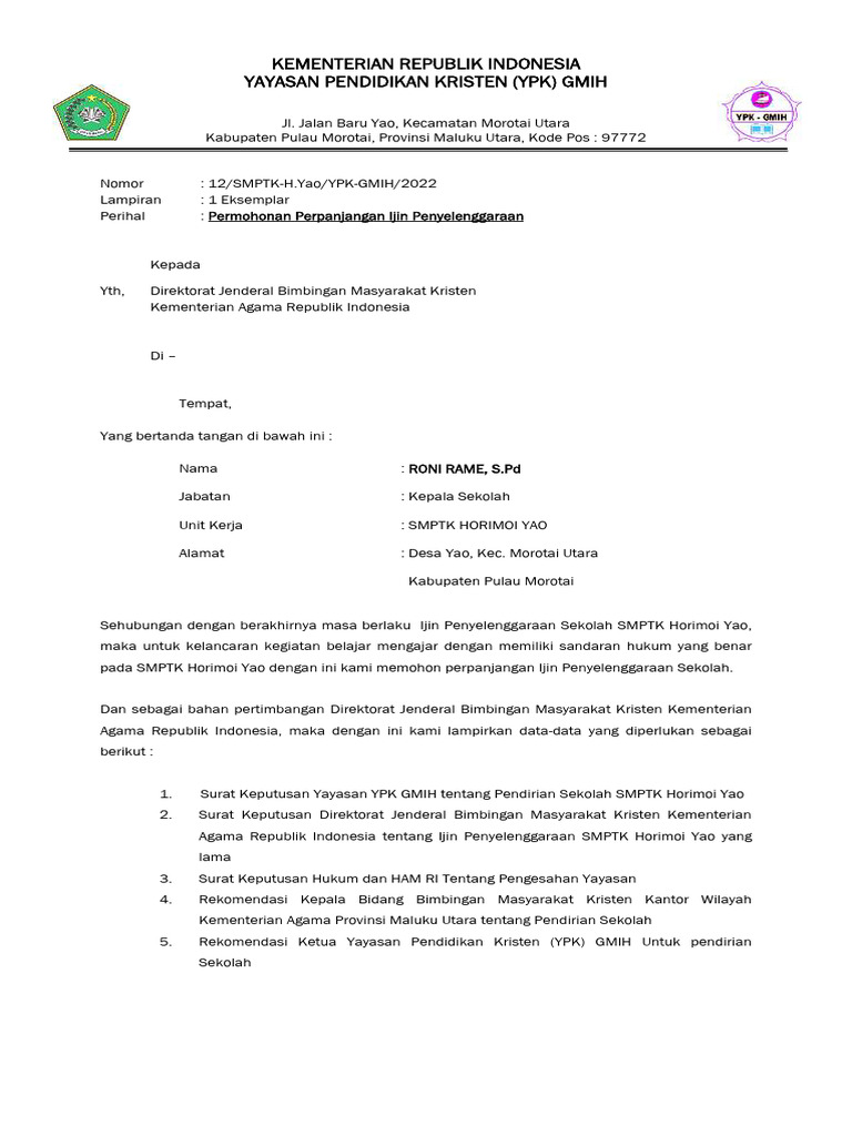 Proposal Perpanjangan Ijin Penyelenggaraan SMPTK Horimoi Yao | PDF