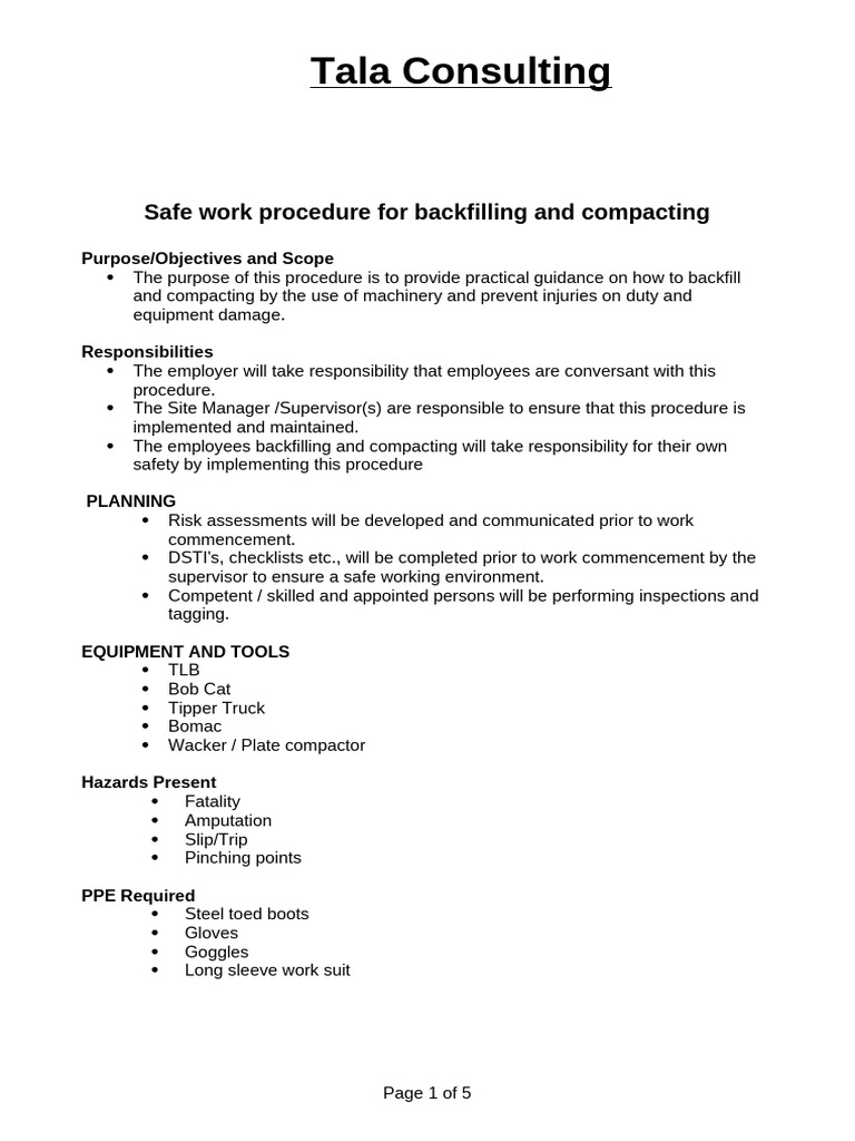 Backfilling and Compaction Safety SOP | PDF | Personal Protective ...