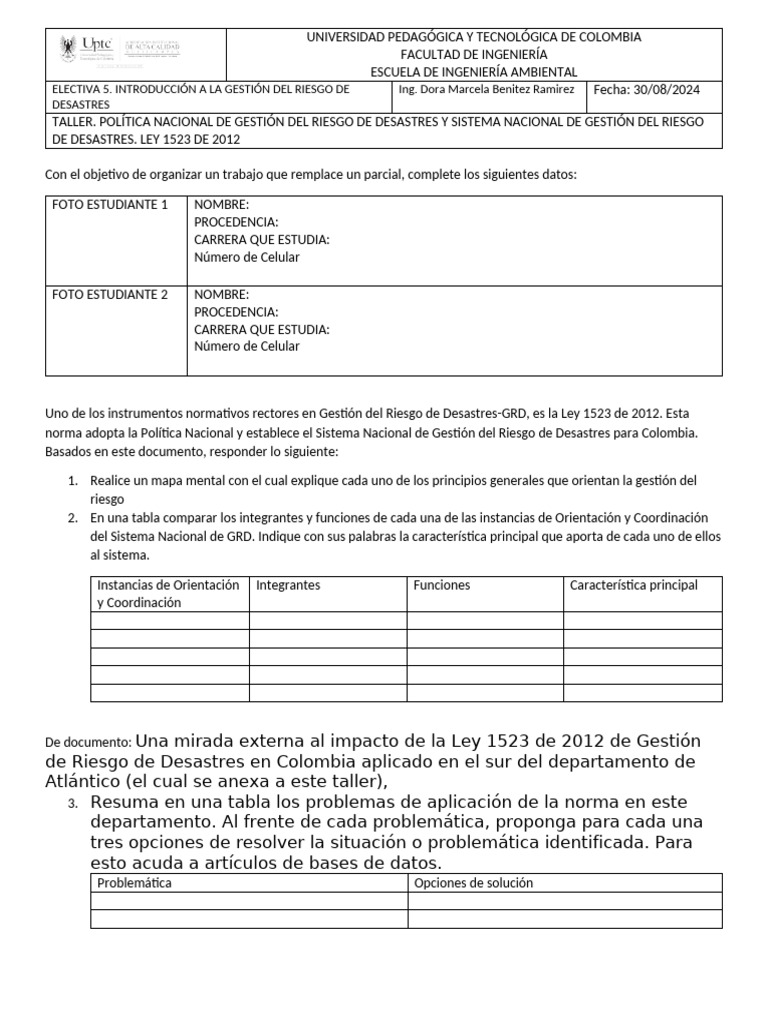 Taller 1 de Ley 1523 de 2012 Política Nacional de Gestión del Riesgo de Desastres y Sistema ...