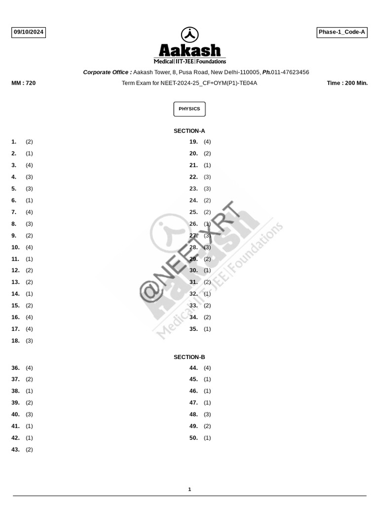 TE 04 CODE A PHASE 01 OYM ANS KEY BY NEETXRT_watermark | PDF ...