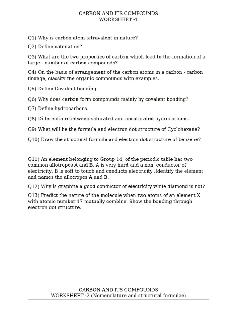 Carbon and Its Compounds WS-1,2,3 | PDF | Carbon | Organic Compounds