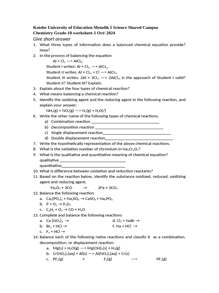 Chem G-10 Work Sheet. 1 SSC | PDF