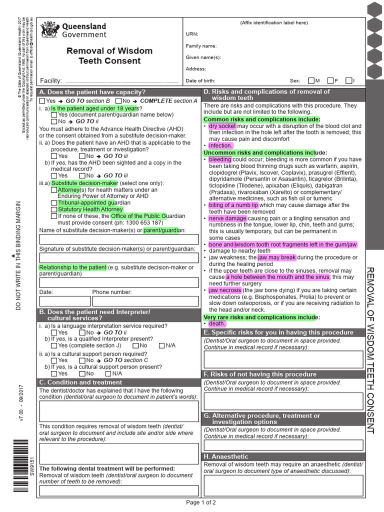 wisdom tooth consent form | PDF | Dentistry | Medical Specialties