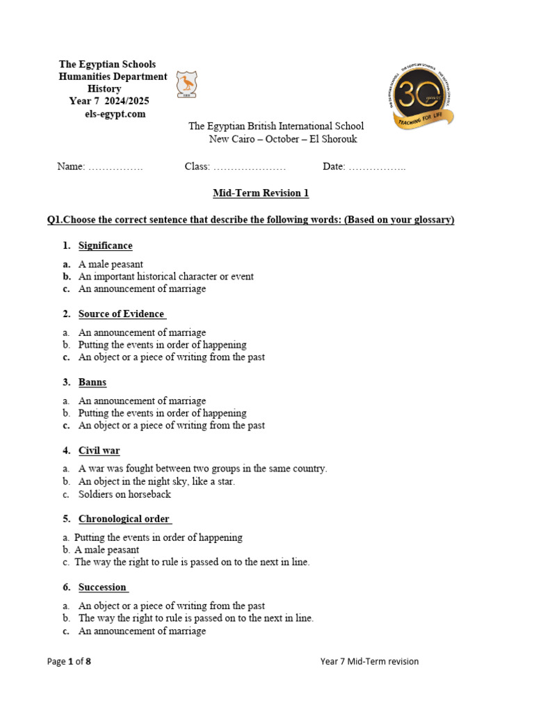 Year 7 History Mid-Term Revision Guide | PDF | Nobility | Middle Ages