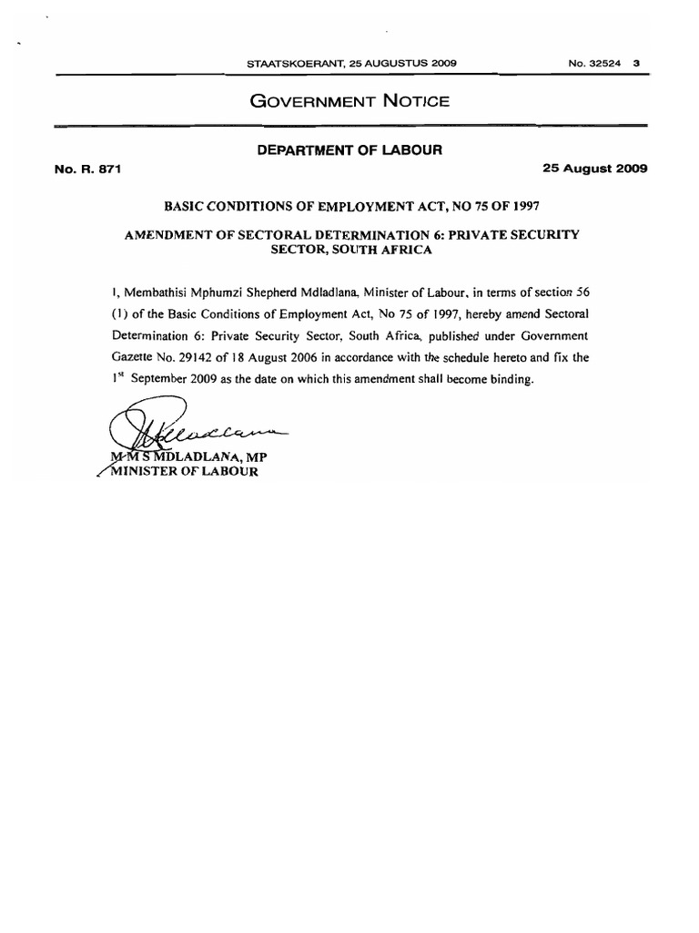 Basic Conditions of Employment Act NO 75 OF 1997 Amendment of Sectoral ...