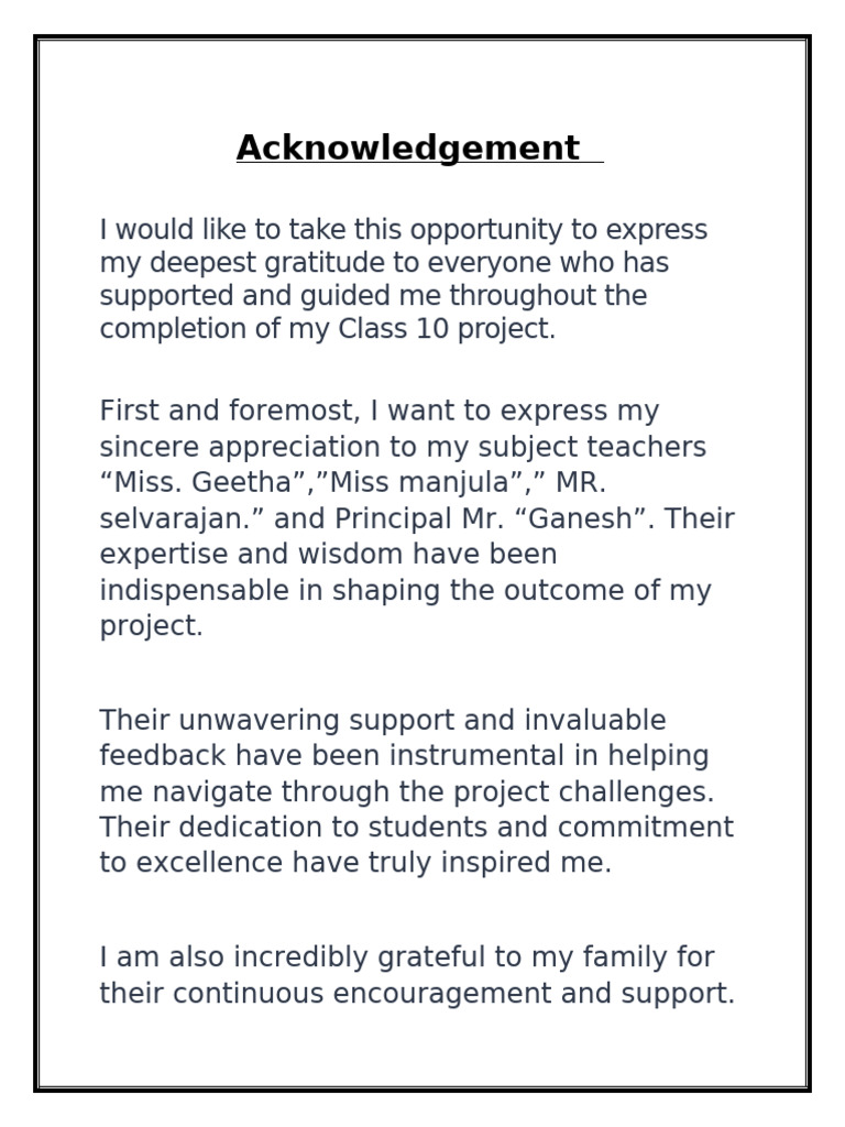 Acknowledgements for Class 10 Project | PDF