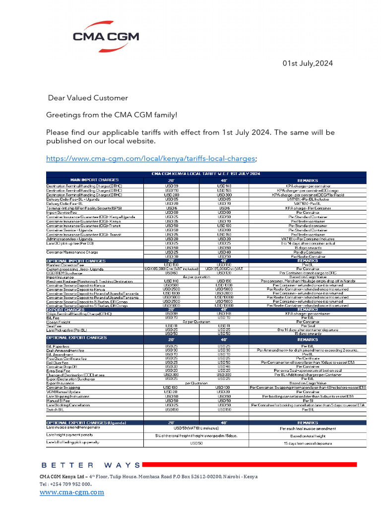 CMA CGM Kenya Tariffs Effective July 2024 | PDF