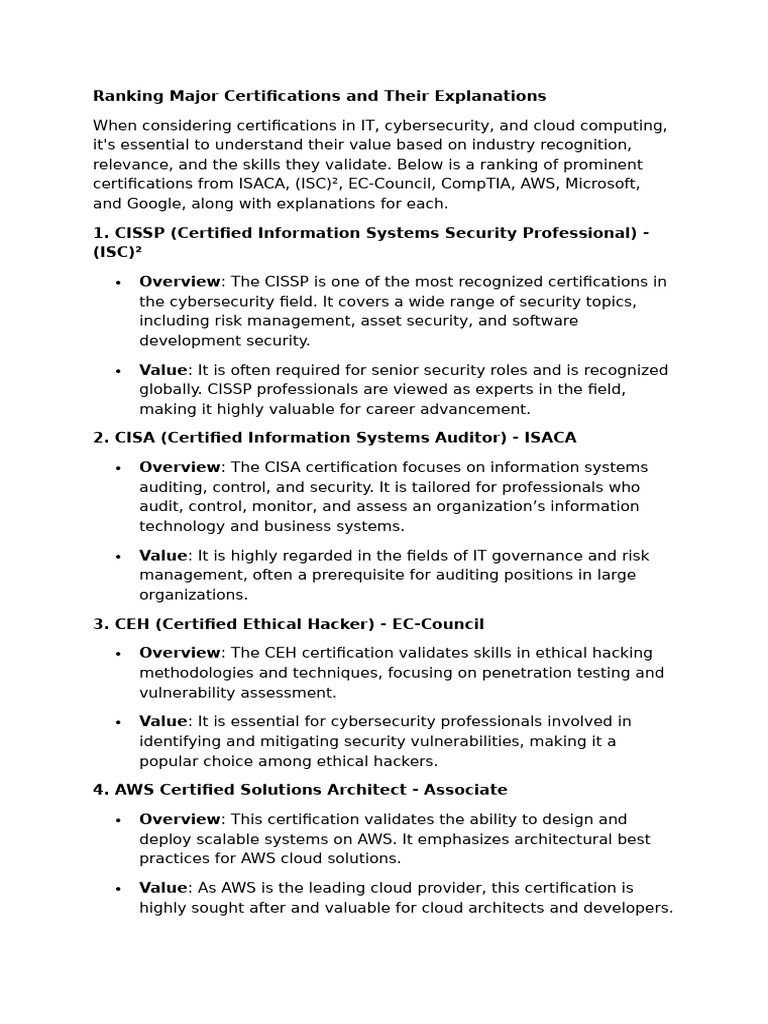 Ranking Major Certifications And Their Explanations Pdf Security