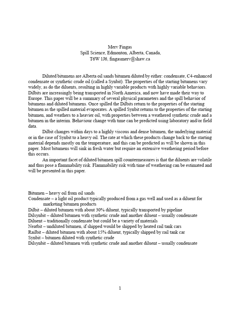 Diluted Bitumen - Dilbit - A Future High Risk Spilled Material - M ...