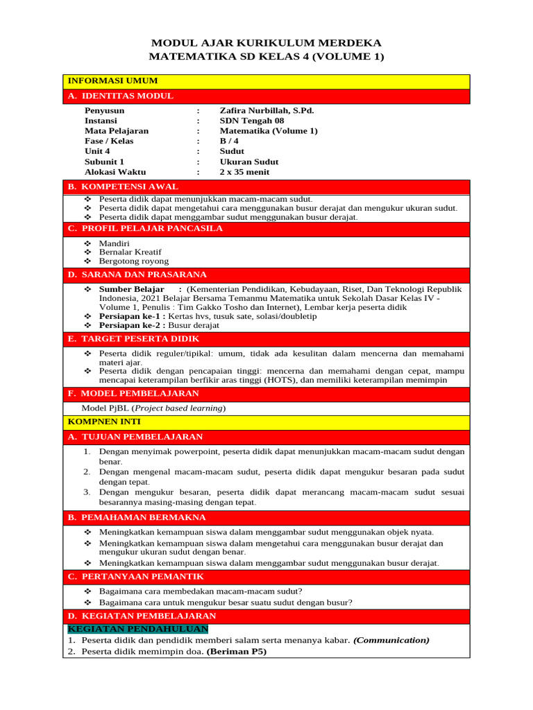 Modul Ajar MTK Sudut Kurikulum Merdeka | PDF