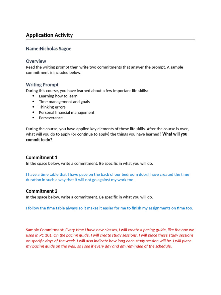 Pc101 Applicationactivity Commitmentstatements Template | PDF | Career & Growth | Self-Improvement