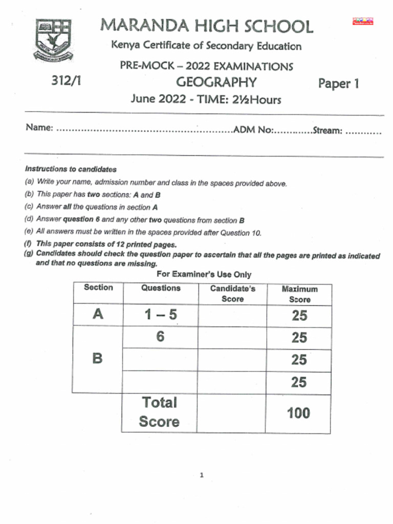 Maranda Geography Paper 1 Maranda Form 4 End Term 1 Teacher - Co - Ke | PDF