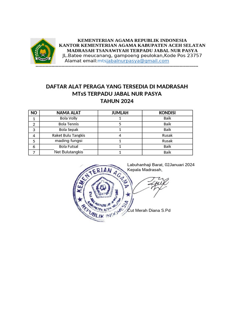 Daftar Alat Peraga Yang Tersedia Di Madrasah | PDF