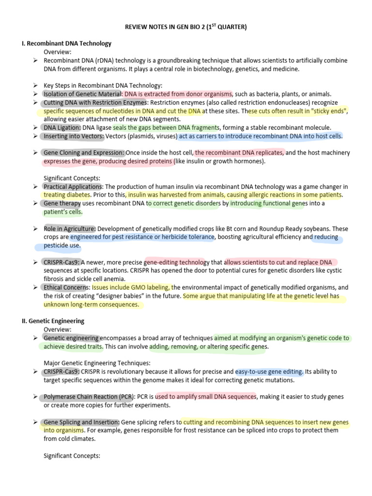 Review Notes in Gen Bio 2 | PDF | Recombinant Dna | Molecular Cloning