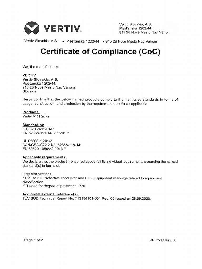 Certificate of Compliance VR Rack (CoC) | PDF