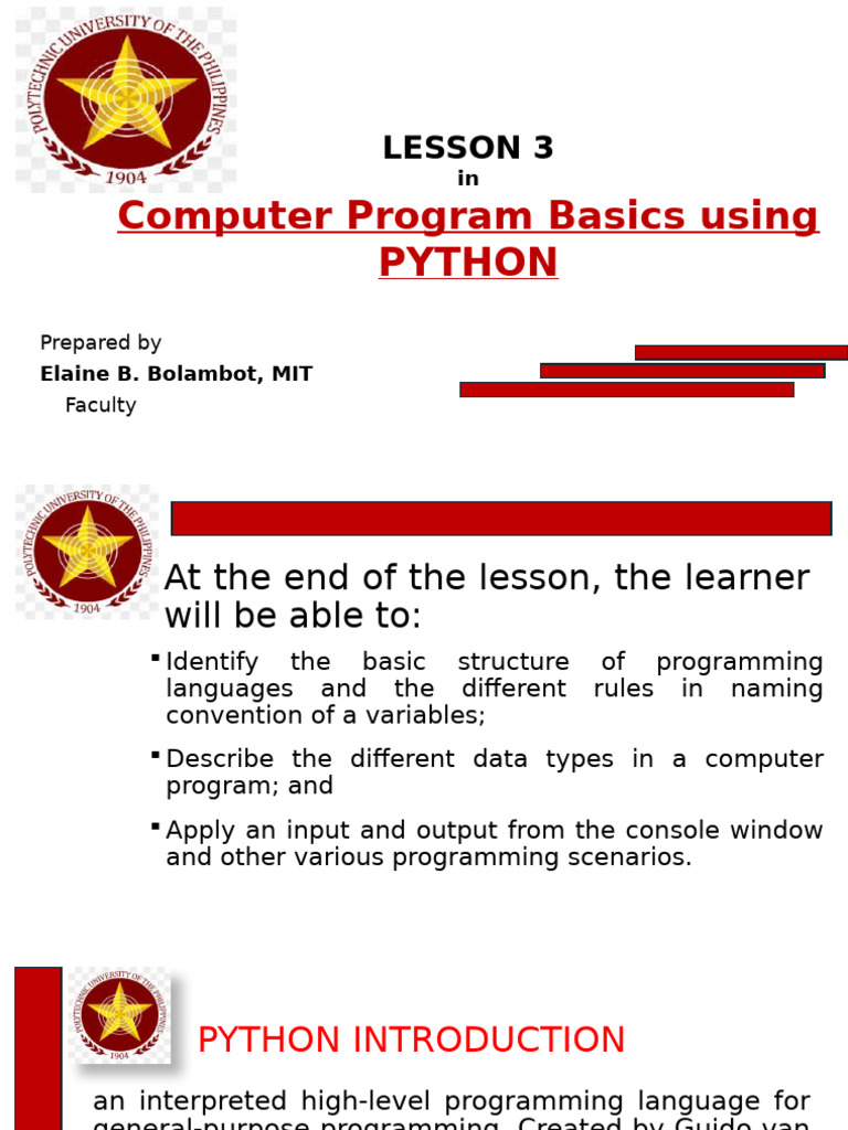 COMP002 Lesson 3 Basic Prog PPT3 | PDF | Python (Programming Language) | Bracket