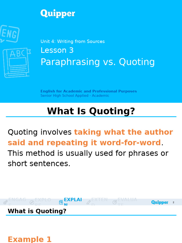 EAP 11 12 UNIT 4 LESSON 3 Paraphrasing vs. Quoting | PDF | Bracket ...