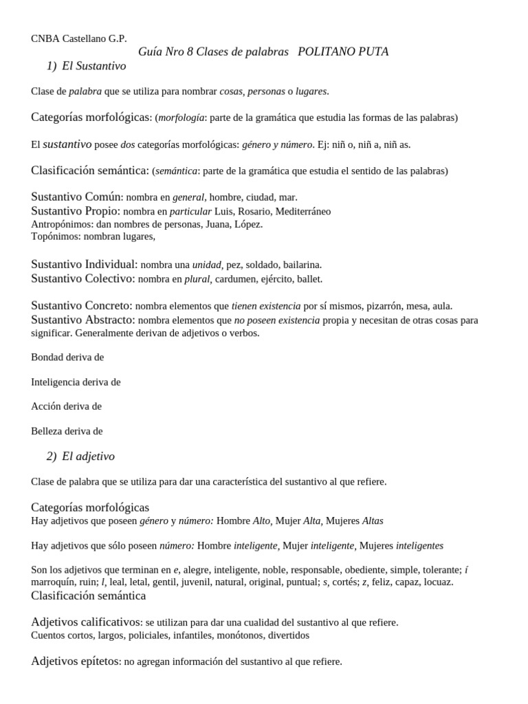 Guía Nro 8 Clases de Palabras Sustantivo y Adjetivo Teo y Ejer | PDF | Sustantivo | Adjetivo