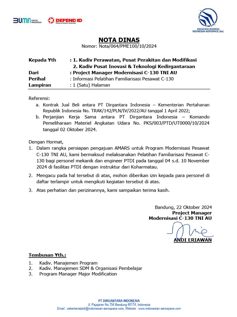 Nota-064 Informasi Pelatihan Familiarisasi Pesawat C-130 | PDF