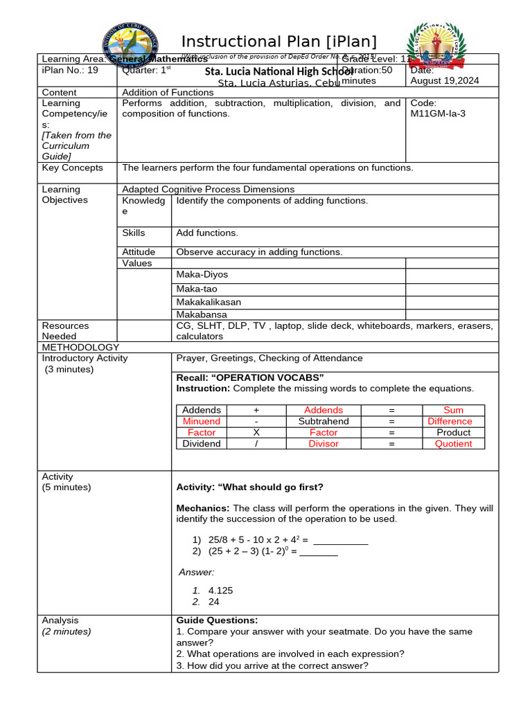 Grade 11 Math: Addition of Functions | PDF | Subtraction | Learning