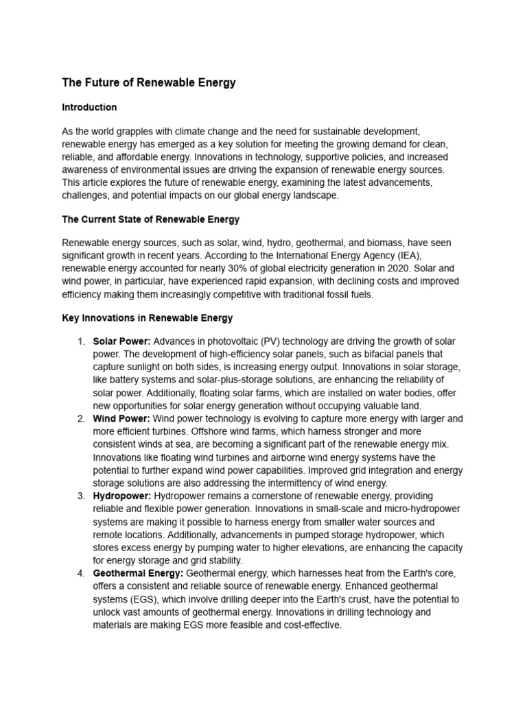 Future of Renewable Energy Innovations | PDF | Renewable Energy | Solar ...