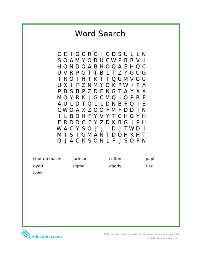Word Search: Shut Up Macie Jackson Colton Papi Gyatt Sigma Daddy Rizz ...