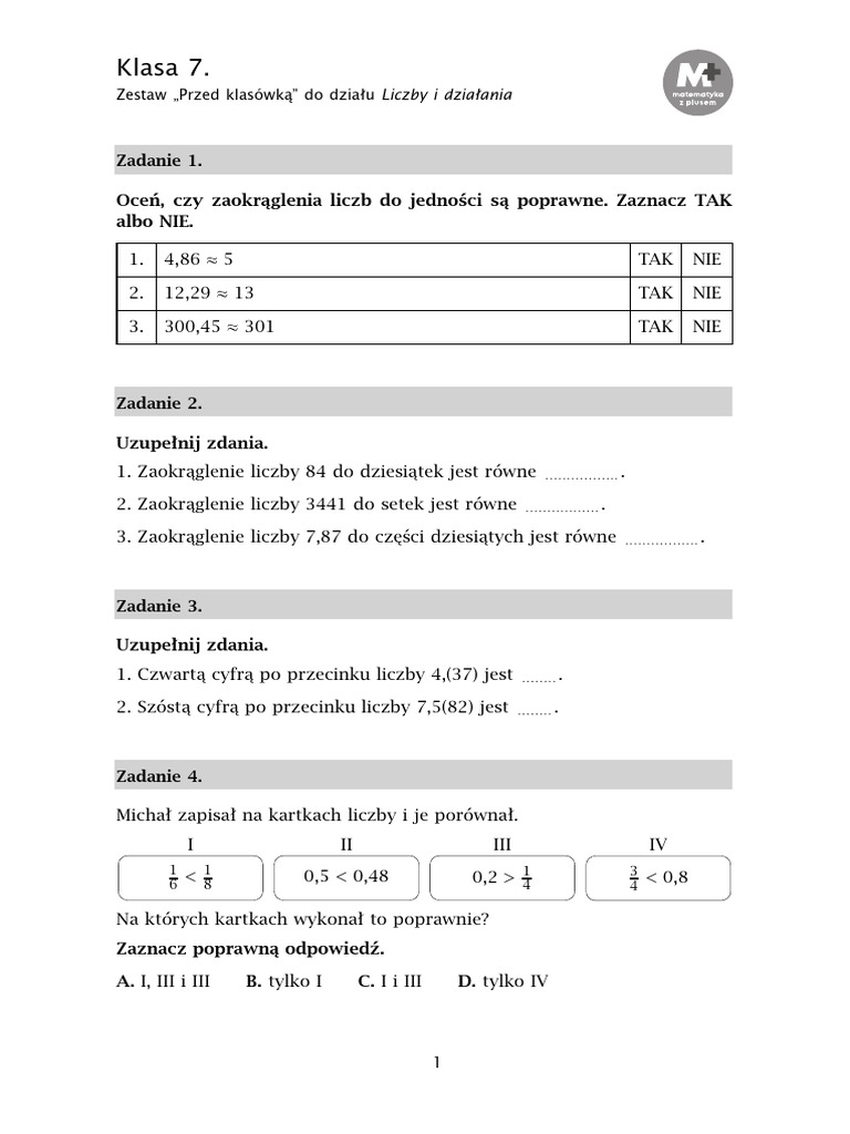przed-klasowka-klasa-7-liczby-i-dzialania-zadania | PDF