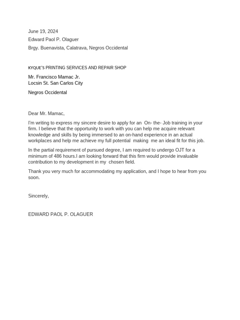 OJT Application to Kyque's Printing | PDF | Business