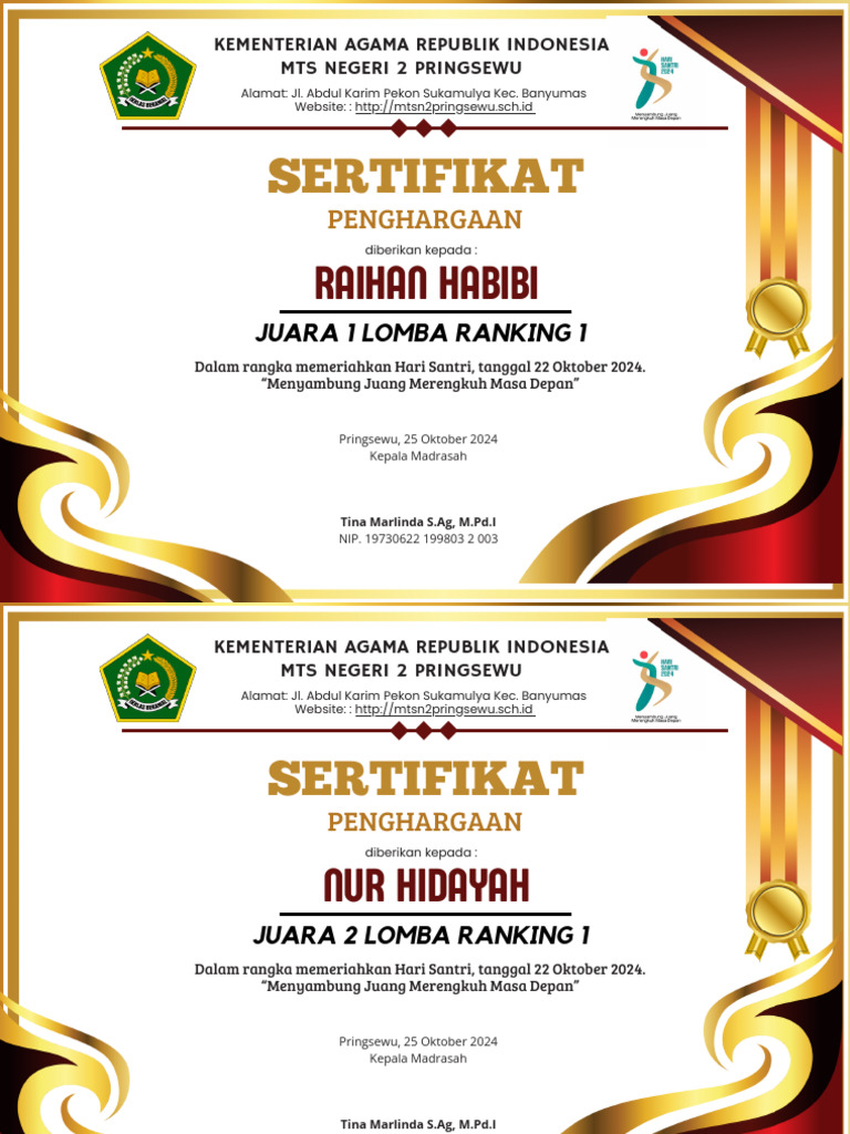 Sertifikat Penghargaan Lomba HSN-2 | PDF