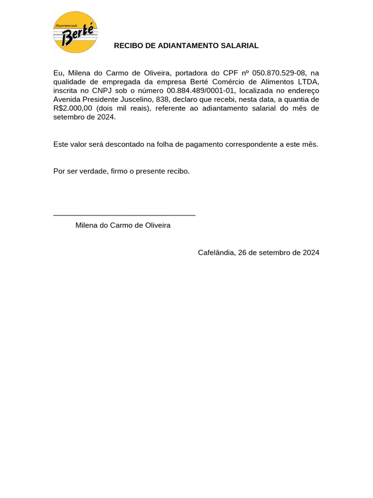 Recibo de Adiantamento Salarial | PDF