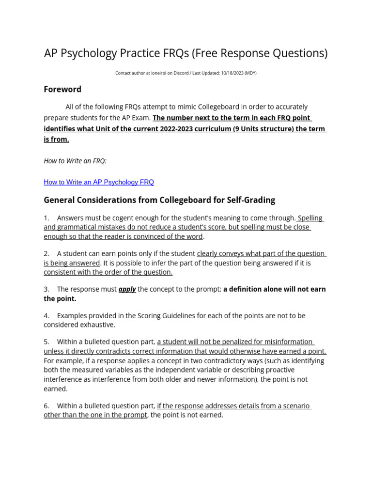 AP Psychology Practice FRQs | PDF | Hearing | Cognition