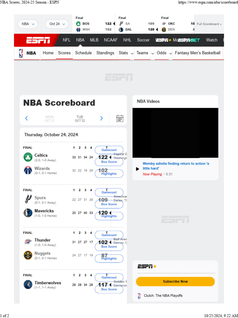 NBA Scores, 2024-25 Season - ESPN | PDF | National Basketball Association | Professional Sports ...