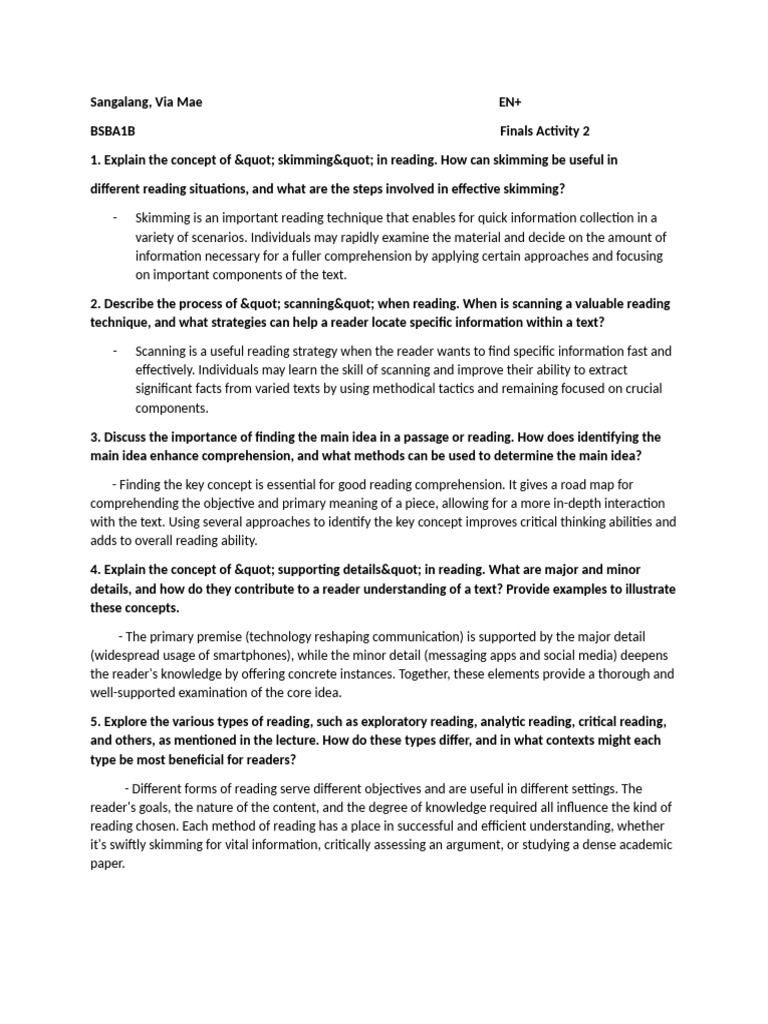 Sangalang via Mae en+ Final Activity 2 | PDF | Reading Comprehension | Speed Reading